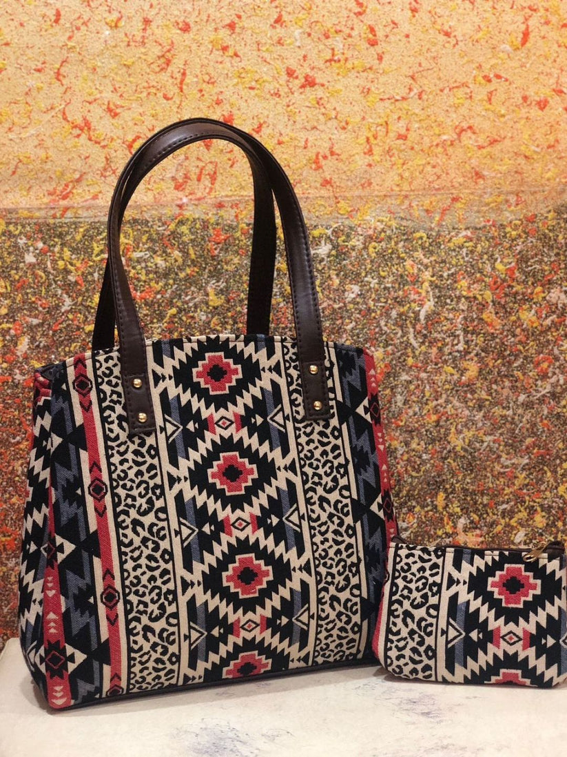 Multi-Coloured Polyester Prints Jacquard Triple partition Handbag-4093 ...