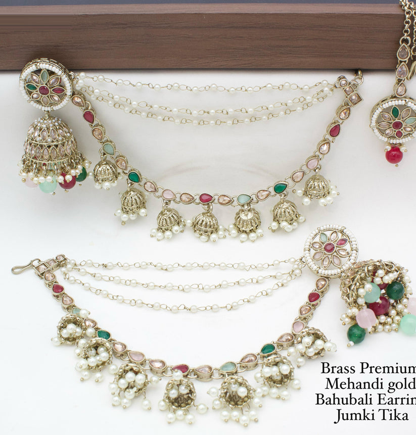 Brass Premium quality Mehandi Gold Bahubali Earring jumki tika set-301 ...