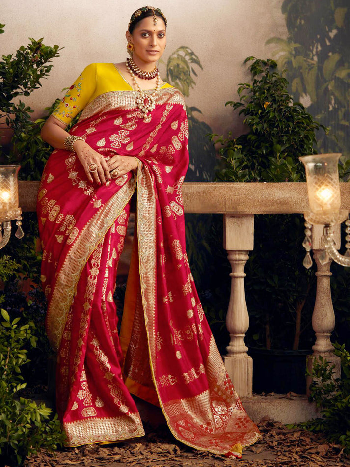 Embroidered Pure Viscose Dola Silk Traditional Bridal Saree In Red Col ...