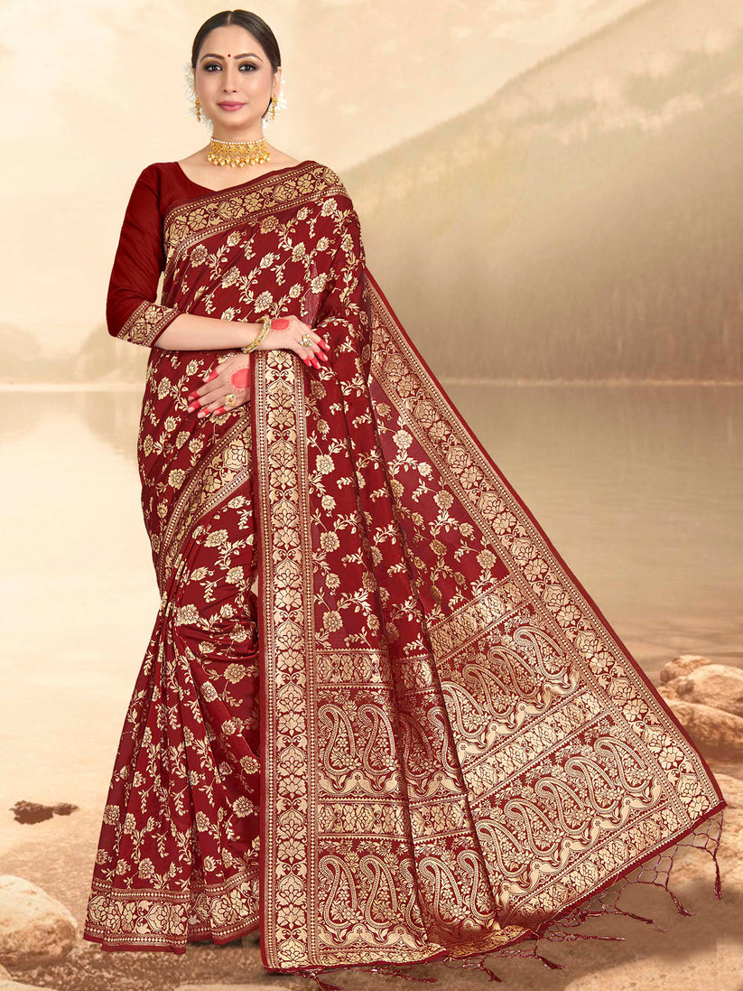 Weaving Lichi Bindi Silk Partywear Traditional Saree In Maroon Color-8 ...