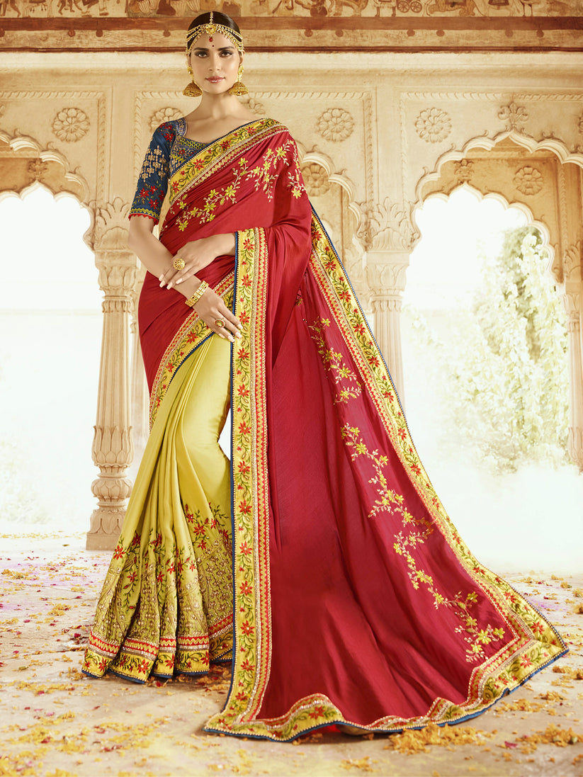 Silk Wedding Saree with Embroidered Border in Red and Lemon Yellow col ...