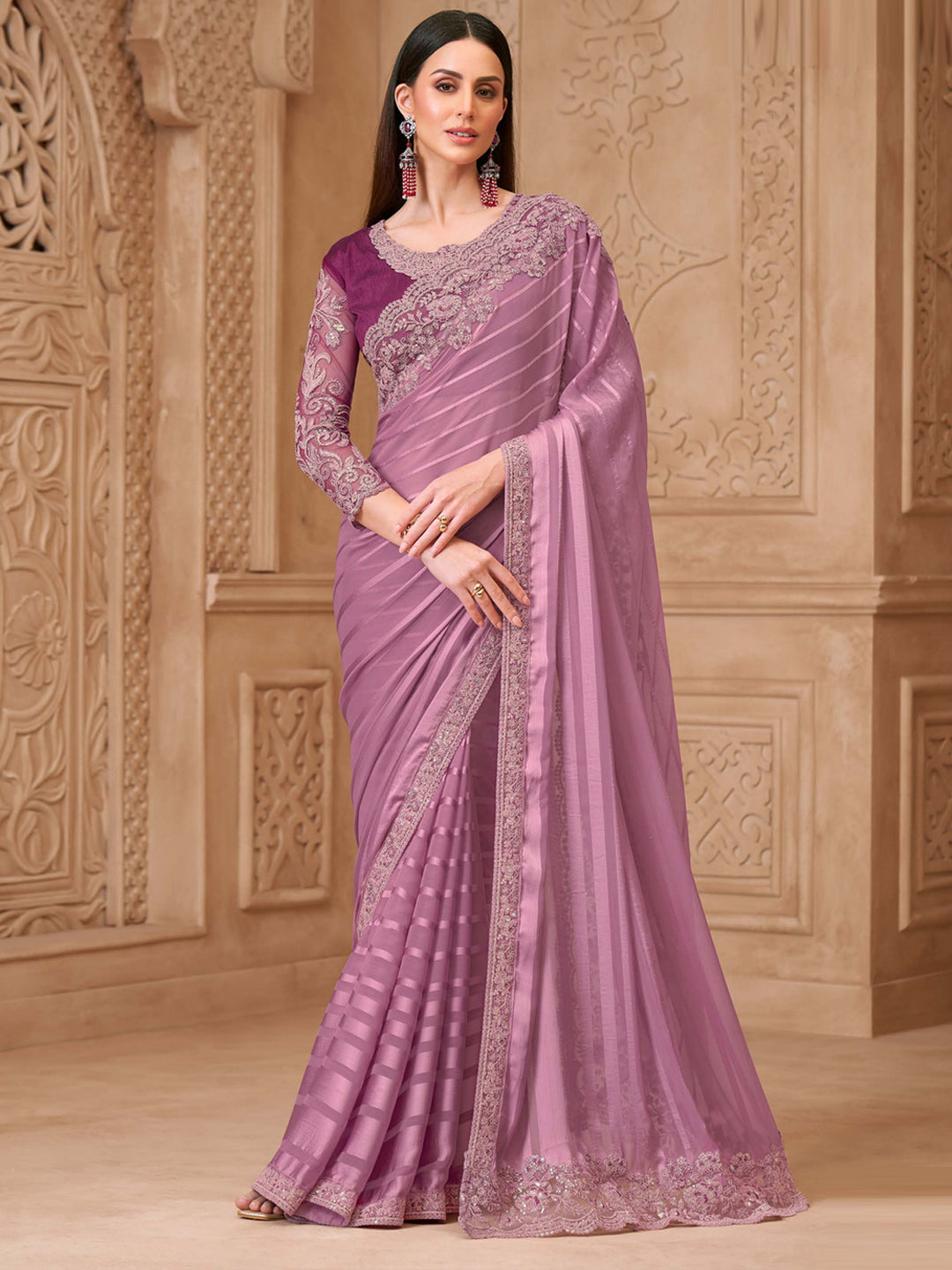 Onion Sartin Georgette with Embroidered Saree-32009 – Saundaryam Fashions